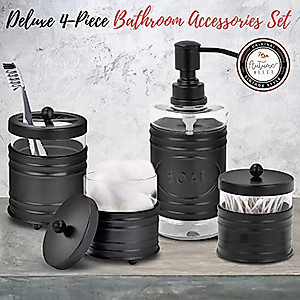 Autumn Alley Modern Farmhouse Glass and Black Bathroom Accessories Set (4 PCS) - Lotion Soap Dispenser, Toothbrush Holder, 2 Apothecary Jars (Qtip Holder) - Rustic Farmhouse Bathroom Decor