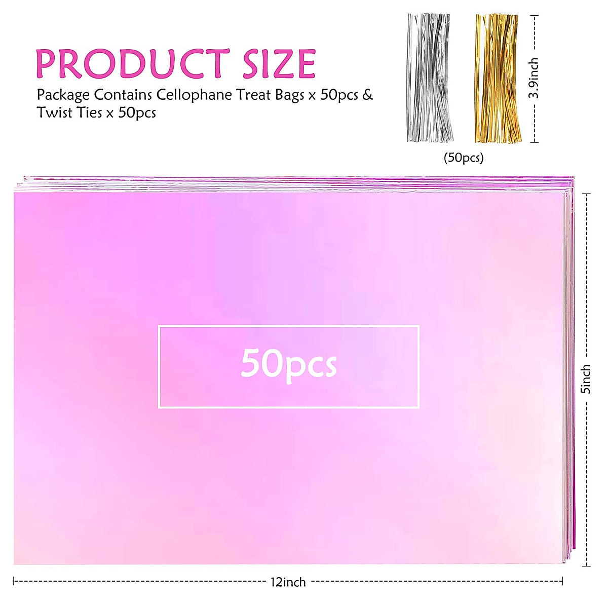 TYRSEN Cellophane Bags, 50 Pcs 9x12 Cello Bags with Twist Ties Holographic Iridescent Cello Gift Bags for Easter Day Birthday Party Halloween Xmas