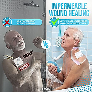 JJ CARE Waterproof Adhesive Island Dressing [Pack of 25], 4" x 4" Sterile Island Wound Dressing, Breathable Bordered Gauze Dressing, Individually Wrapped Latex Free Bandages with Non-Stick Central Pad