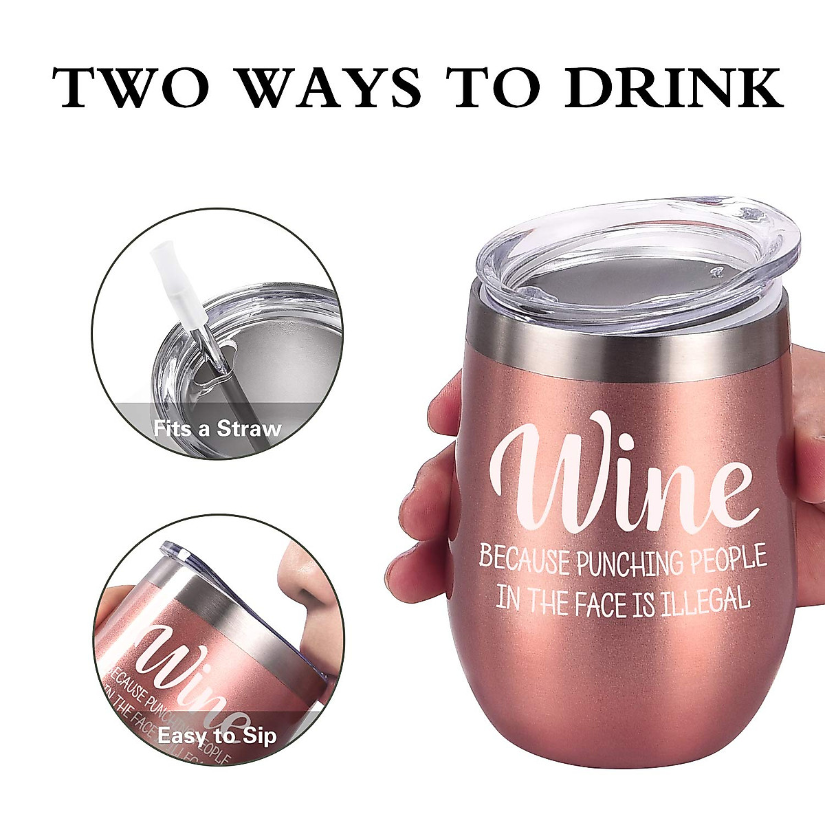 GINGPROUS Wine Tumbler for Women, Stainless Steel Wine Tumbler with Lid and Straw, Funny Insulated Wine Tumbler Idea for Mom Friends Wife Nurse Coworker Aunt Teacher (12 Oz, Rose Gold)