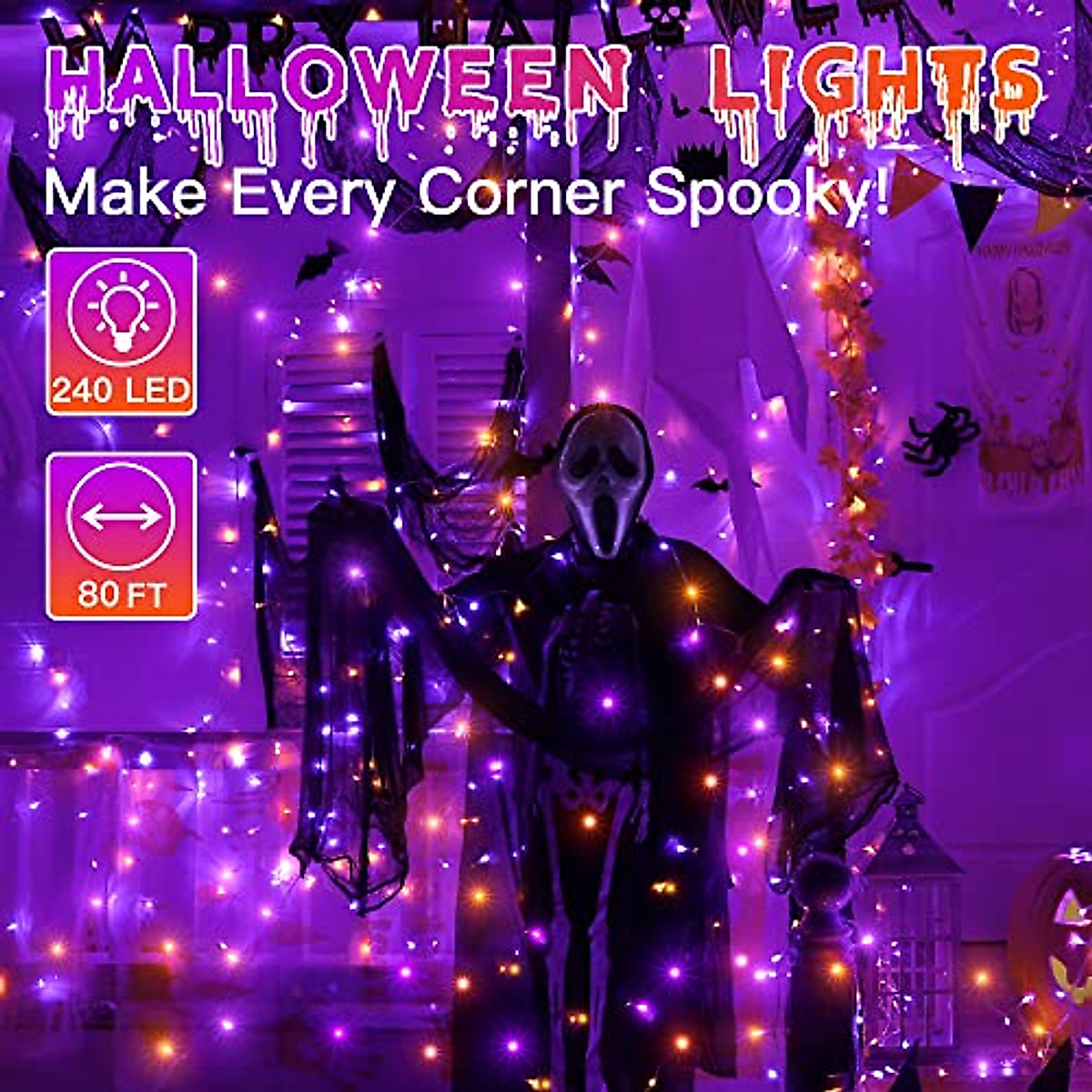 Ollny Halloween Lights Outdoor 240LED 80FT - Orange and Purple String Lights - 8 Modes IP44 Waterproof UL588 Timer Memory Plug in for Party Garden Yard Patio Tree Fence Indoor Halloween Decorations