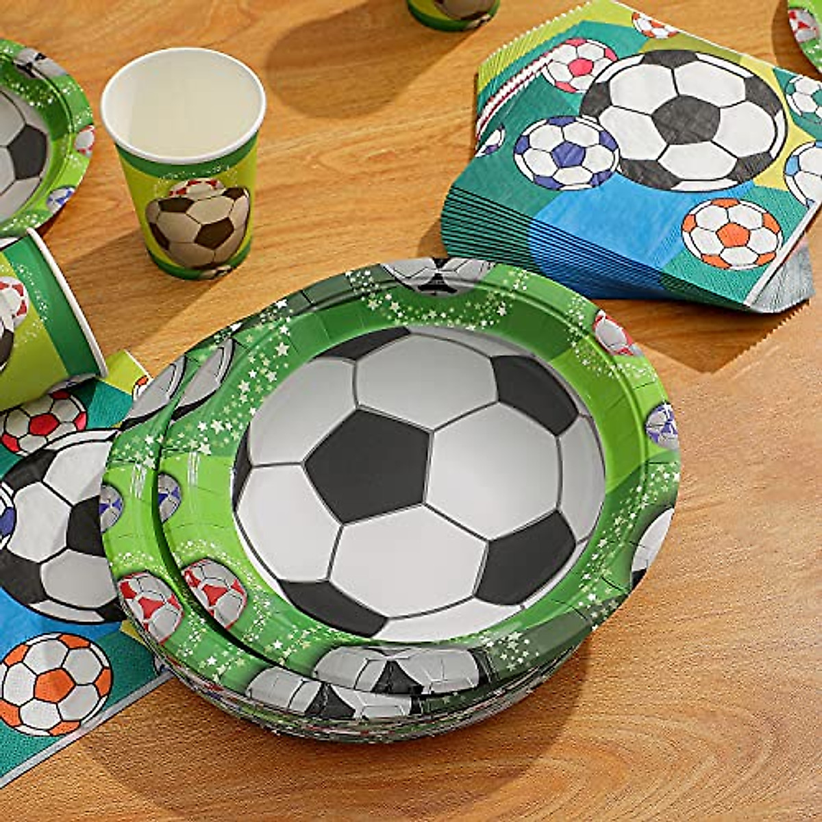 DUOCUTE Soccer Party Supplies 102PCS Sports Themed Children Birthday Paper Dinnerware Set Includes 9" Plates, 7" Plates, Cups, Napkins, Tablecloth and Banner, Serves 25