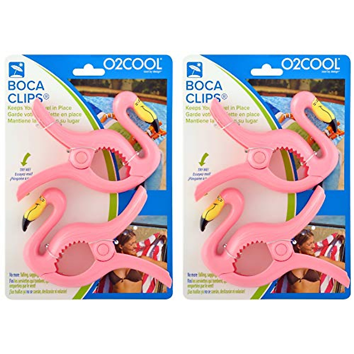 O2COOL Bocaclips - Beach Towel Clips for Beach Chairs, Patio and Pool Accessories Clothes Pins or Bag Clips - (Flamingo) 4 Clips