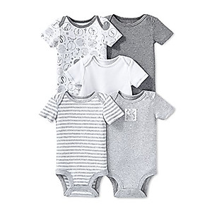 Lamaze Baby Super Combed Natural Cotton Short Sleeve Bodysuit, Snap Closure, 5 Pack, White and Grey Variety, Newborn