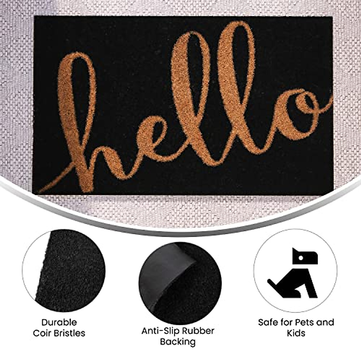 Flash Furniture Harbold Indoor/Outdoor Coir Doormat - Black Background with Natural Hello Message - 18" x 30" - Non-Slip Backing