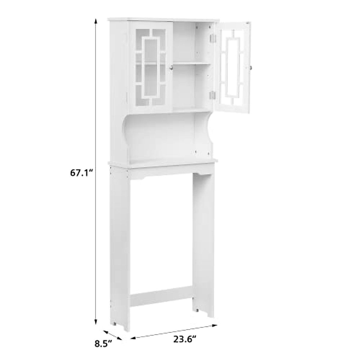 RICHRYCE Over-The-Toilet Storage, Wooden Bathroom Organizer, with 2 Glass Doors & Adjustable Shelf,Over Toilet Cabinets for Bathroom，67.1''L x 23.6''W x 8.5''H,(White)
