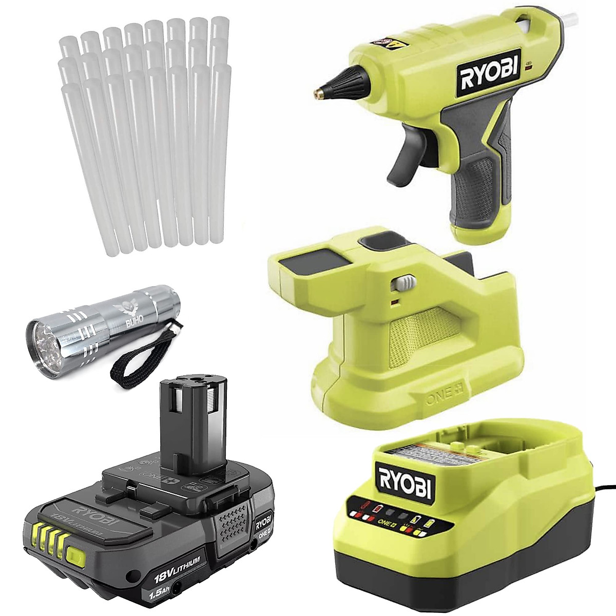 Compact Glue Gun Bundle with Ryobi Glue Gun, 18-Volt Lithium-ion 1.5 Ah Battery, 18-Volt Charger, 24-Piece Mini Glue Stick Pack and Buho Pocket Flashlight