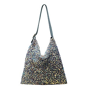 VALICLUD Womens Sequins Tote Bag Sparkling Shoulder Bag Handbag Portable Shopping Bag