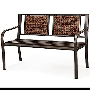 Tangkula Patio Garden Bench with Wicker Backrest, Outdoor Park Bench Chair with Powder Coated Steel Frame, Bench Loveseat for Outdoor Garden, Backyard, Lawn, Porch, Path, Deck