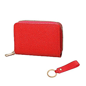 PEIQICHU Red Credit Card Holder 14 Slots Soft PU Leather Card Case Card Protector Metal Zipper With Keychain Men & Women RFID Blocking Small Wallet for ID Card Credit Cards