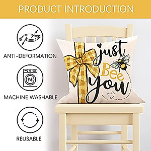 Fjfz Spring Bumble Bee Sunflower Decorative Throw Pillow Covers 18x18 Set of 4, Summer Farmhouse Black White Stripe Porch Patio Home Decor, Yellow Buffalo Plaid Check Quote Outdoor Couch Cushion Case