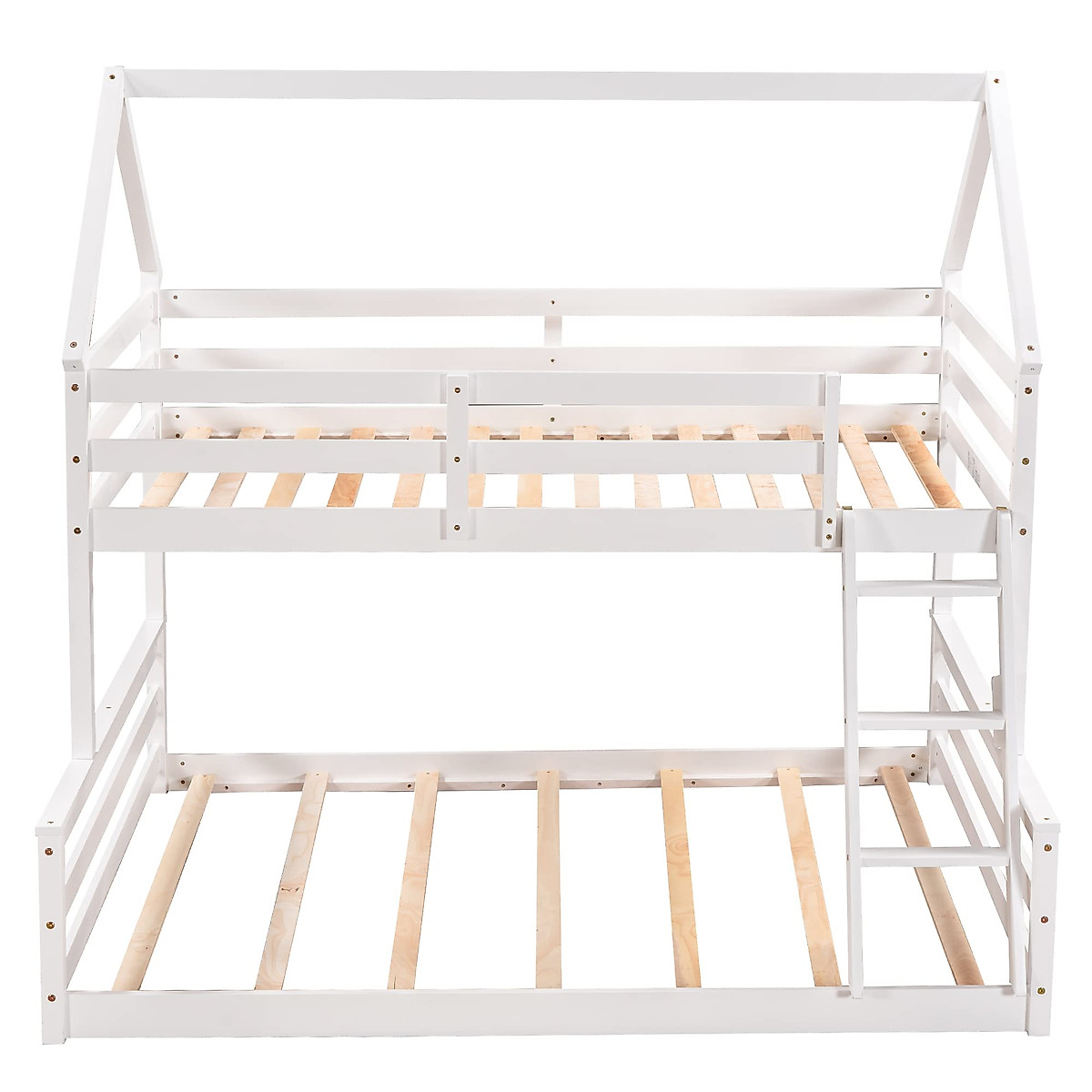 Harper & Bright Designs Low Twin Over Full House Bunk Beds, Wood Bunk Beds with Roof and Guard Rail, House Bed Built-in Ladder for Kids, Teens, Boys, Girls (White)