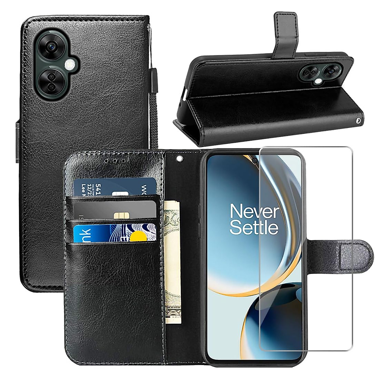 YJROP for OnePlus Nord N30 5G/OnePlus Nord CE 3 Lite 5G Case,with Screen Protector,PU Leather Wrist Strap Card Slots Shockproof Protective Flip Cover Phone Wallet Case for OnePlus Nord N30, Black