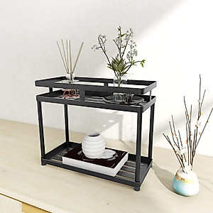 FLE Under Sink Organizer, 2 Tier Metal Under Bathroom Sink Storage Baskets with Hooks, Self Adhesive Black Under Sink Shelf Organizer for Bathroom Kitchen