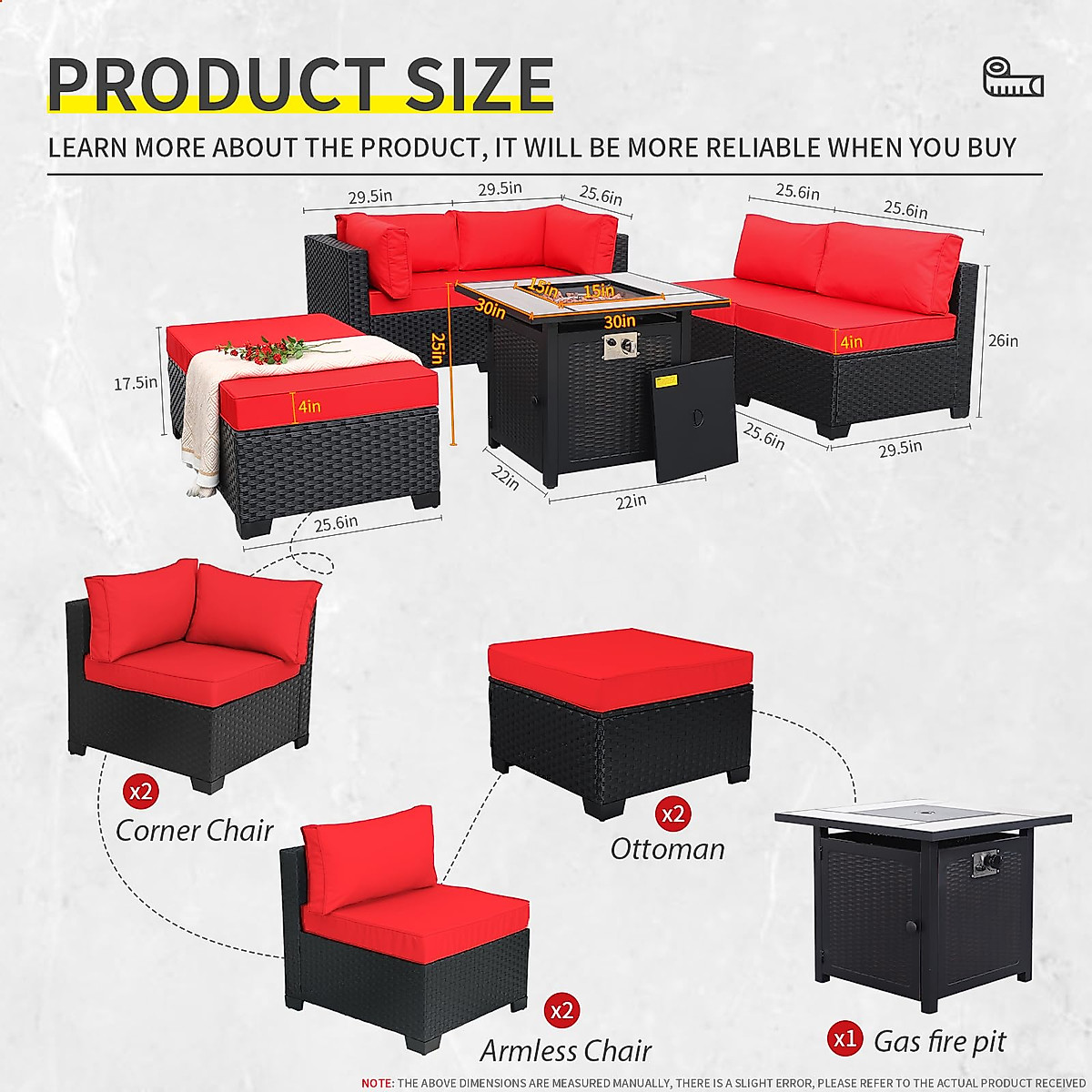 Lviden 7 Pieces Outdoor Patio Furniture Set, Black Wicker Sectional Couch, PE Rattan Conversation Sofa Set with Red Cushions and 5000 BTU Fire Pit Table