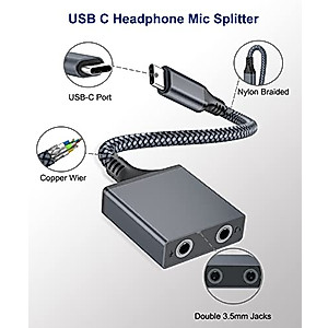 iAlegant USB C Microphone Adapter, USB C to Dual 3.5mm Female Aux Headphone Adapter, USB C to 3.5mm Splitter Mic Audio Adapter for Samsung S21 Note 20, Pixel 4 3 XL, iPad Pro 2020,MacBook Pro