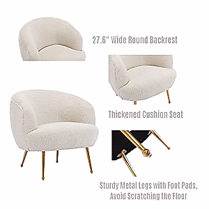LukeAlon Sherpa Accent Chair with Ottoman Set, Upholstered Round Back Living Room Chair with Footrest Comfy Sofa Chair with Golden Metal Legs Elegant Barrel Chair for Reading Room, White
