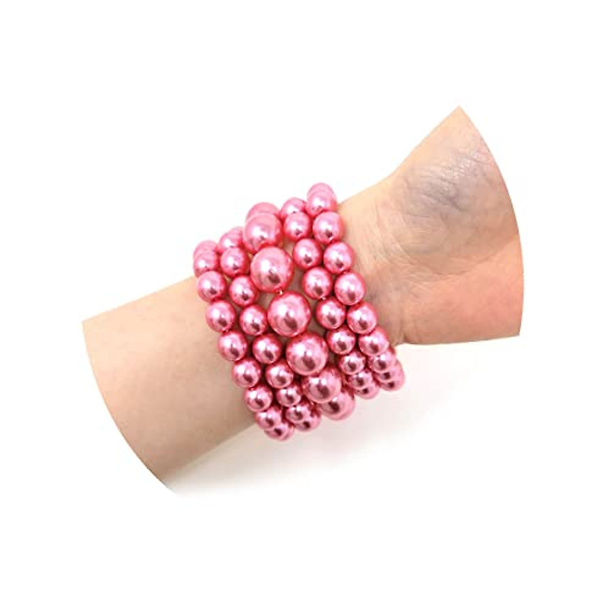 BA UNIQUE FASHION Women's Simulated Pearl Stretch Bracelet 5 PCS Set (Watermelon Pink)