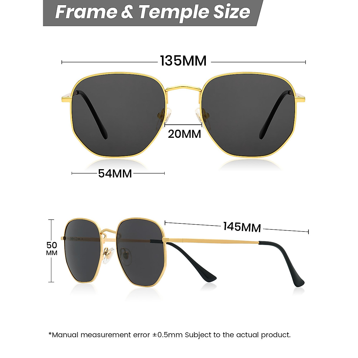 Veda Tinda Vision Hexagon Sunglasses for Women Men Trendy Black Retro Polygon Polarized TAC Lens Metal Frame UV400 Polarized Protection With Eyeglasses Chain C05S01