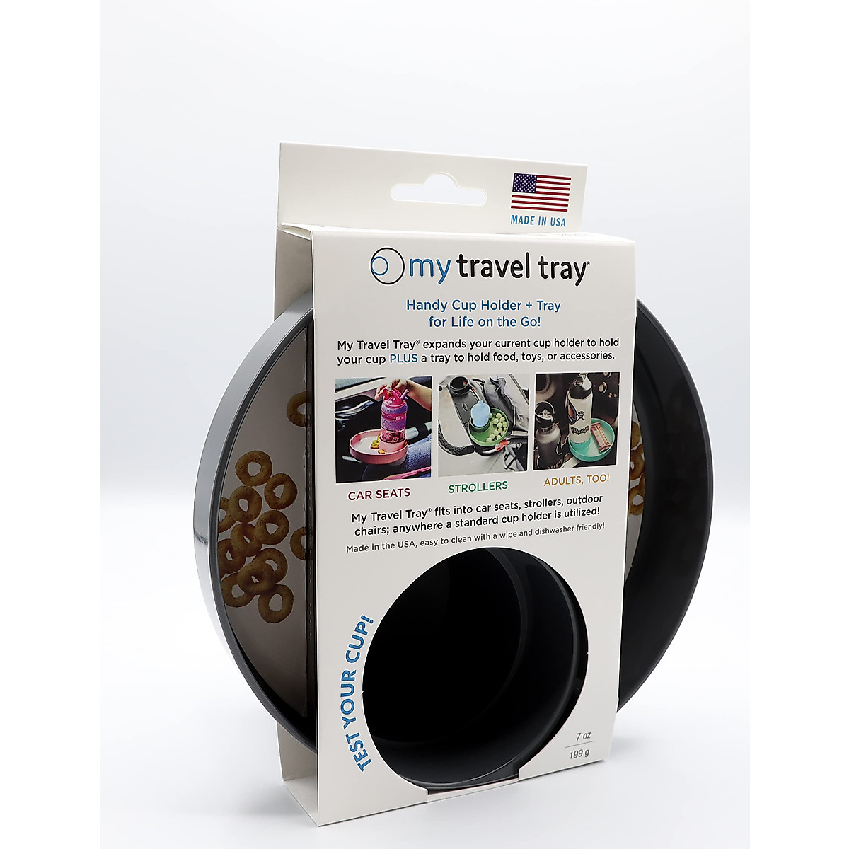 My Travel Tray – for Cup Holder (Gray) Made in USA - Car Journey Must – Insert into Cupholders Found on Car Seats, Booster, Strollers & Your car Cup Holder