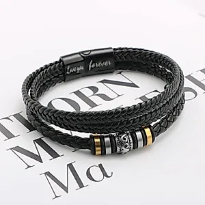 Memgift Leather Bracelet for Son Black Braided Leather Cuff Bracelet with Clasp Handmade Mens Jewelry Bracelet Leather Wristband Inspirational Bracelet Gift for Graduation Love You Forever