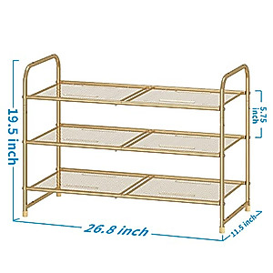 Simple Trending 3-Tier Stackable Shoe Rack, Expandable & Adjustable Shoe Shelf Storage Organizer, Metal Mesh, Gold