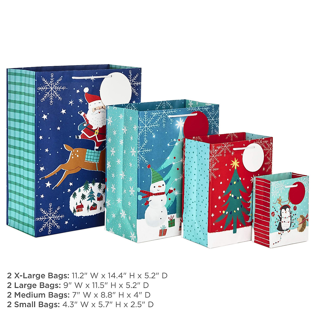 Hallmark Christmas Gift, Assorted Sizes (8 Bags: 2 Small 5", 2 Medium 8", 2 Large 11", 2 Extra Large 14") Penguins, Hedgehogs, Santa Claus, Snowmen, Trees