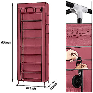Mekek Shoe Rack Closet, 9 Tier Shoe Rack Organizer - Portable Row Shoe Rack Shelf Cabinet Tower for Closet with Nonwoven Fabric Cover (Red Wine)