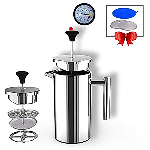 BAERFO French Press Coffee Maker, 304 Grade Stainless Steel Insulated Coffee Press with 2 Extra Screens with 1 Thermometer, 34oz (1 Litre), Silver