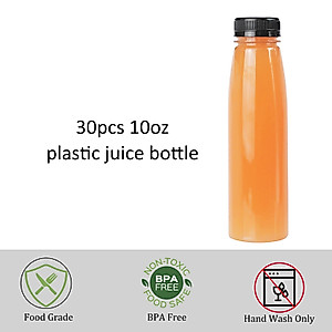 BPFY 30 Pack 10oz Empty Plastic Juice Bottles with Caps Reusable Clear Beverage Containers with Black Tamper Evident Lids, Funnel, Plastic Smoothie Bottles for Juice, Milk, Water, Coffee