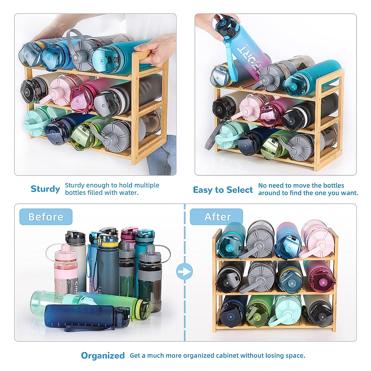 Ackitry 12 Water Bottle Organizer, Freestanding Bamboo Water Bottle Holder Rack, Sturdy Water Cup Stand Storage for Cabinet, Kitchen Countertops, Table Top, Pantry (for 12 Bottles)