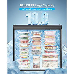 TABU 10 Cu Ft Large Chest Freezer with 7 Level Adjustable Thermostat,Compact Freestanding Top-opening Deep Freezer with Removable Storage Basket, Black