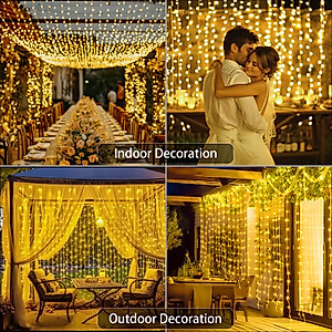 Upgraded Solar Curtain Lights, 300 LED Outdoor Waterproof Solar Powered Waterfall String Lights for Patio Gazebo Backdrop Garden with USB Rechargeable Remote Hanging Twinkle Curtain Fairy Lights