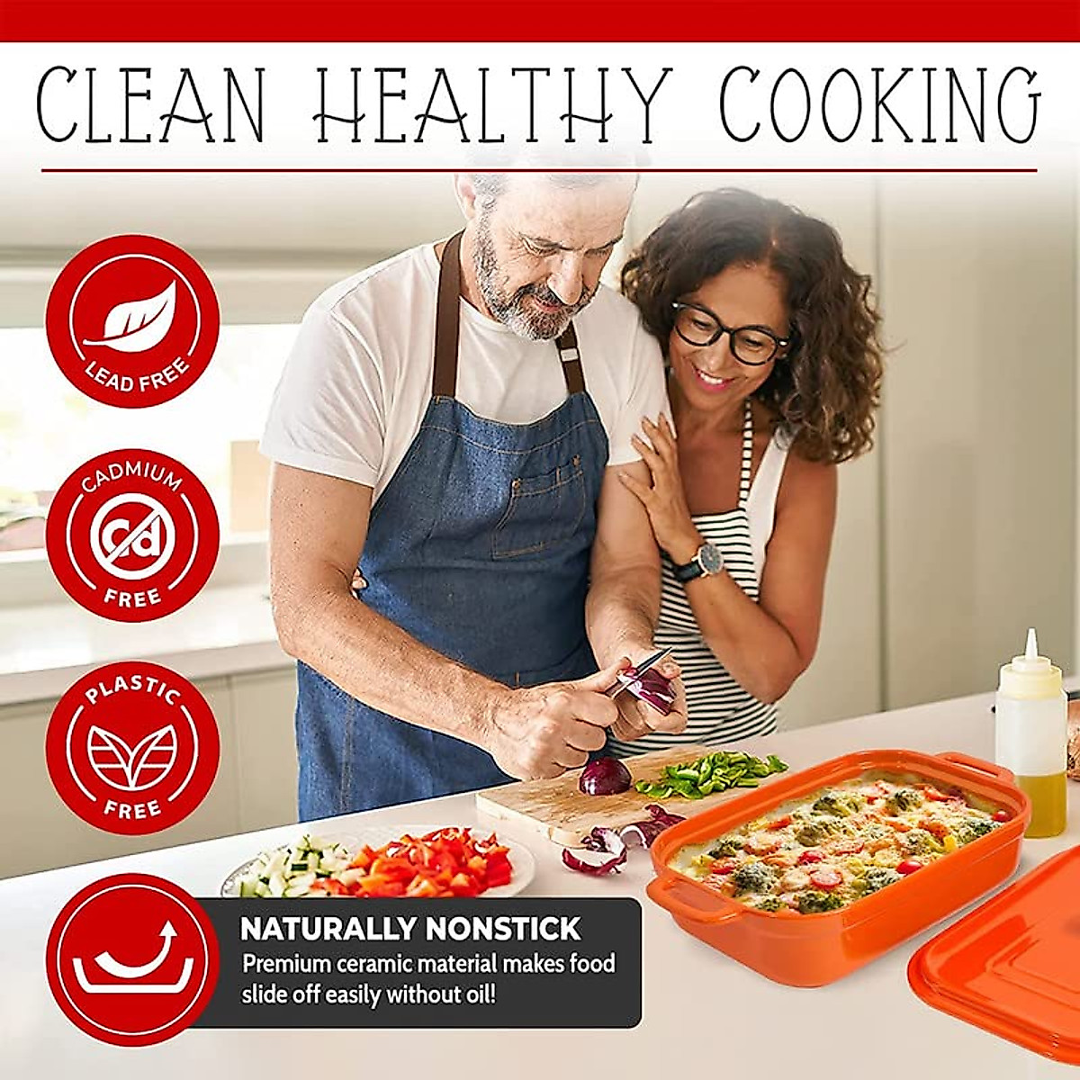 16.9x10 inch-4.5 Quart-Ceramic Casserole Baking Dish with Lid-Large Baking Pans for Cooking Roasting and Baking-Extra deep Lasagna Pan for Deep Baking Dish-Nontoxic Cookware-Red