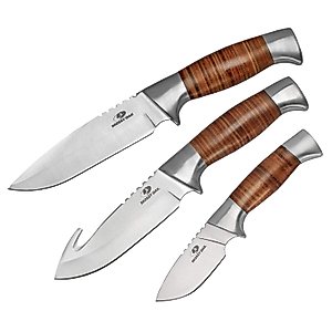 Mossy Oak Fixed Blade Hunting Knife Set - 3 Piece, Full Tang Leather Handle Straight Edge and Gut Hook Blades Game Processing Knife Set, Sheath Included