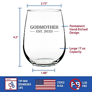 Godmother Est 2023 - New Godmother Stemless Wine Glass Proposal Gift for First Time Godparents - Bold 17 Oz Large Glasses