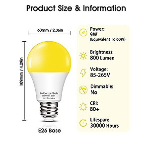 Yellow LED Bug Light Bulbs Outside, A19 LED Yellow Bug Bulb Outdoor 60W Equivalent, 9W Yellow Amber Bug Lights E26 Base Porch Lights, Non-Dimmable LED Lighting for Home, Patio, Deck, Backyard, 4 Pack