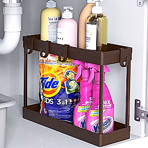 SimpleHouseware 2-Tier Under Sink Organizer Storage Tray with Hooks, Brown