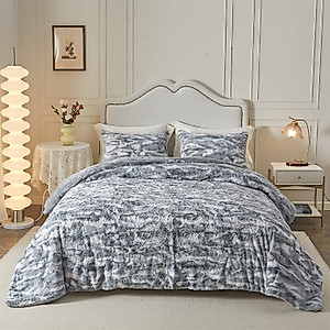 Jameswish Faux Fur Duvet Cover Set Ultra Soft Marbled Ivory Comforter Cover Set Luxury Fluffy Plush Fuzzy 3 Pieces Bedding Set(1Comforter+2 Pillowcases) (Queen Size,Ivory White)