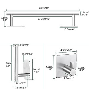 Self Adhesive Towel Bar, JiGiU Bathroom Hardware Set Include 16-Inch Bath Towel Bar,Toilet Paper Holder & 3 Packs Towel Hooks SUS304 Stainless Steel Wall Mount No Drill Sticky on Towel Holder Kit