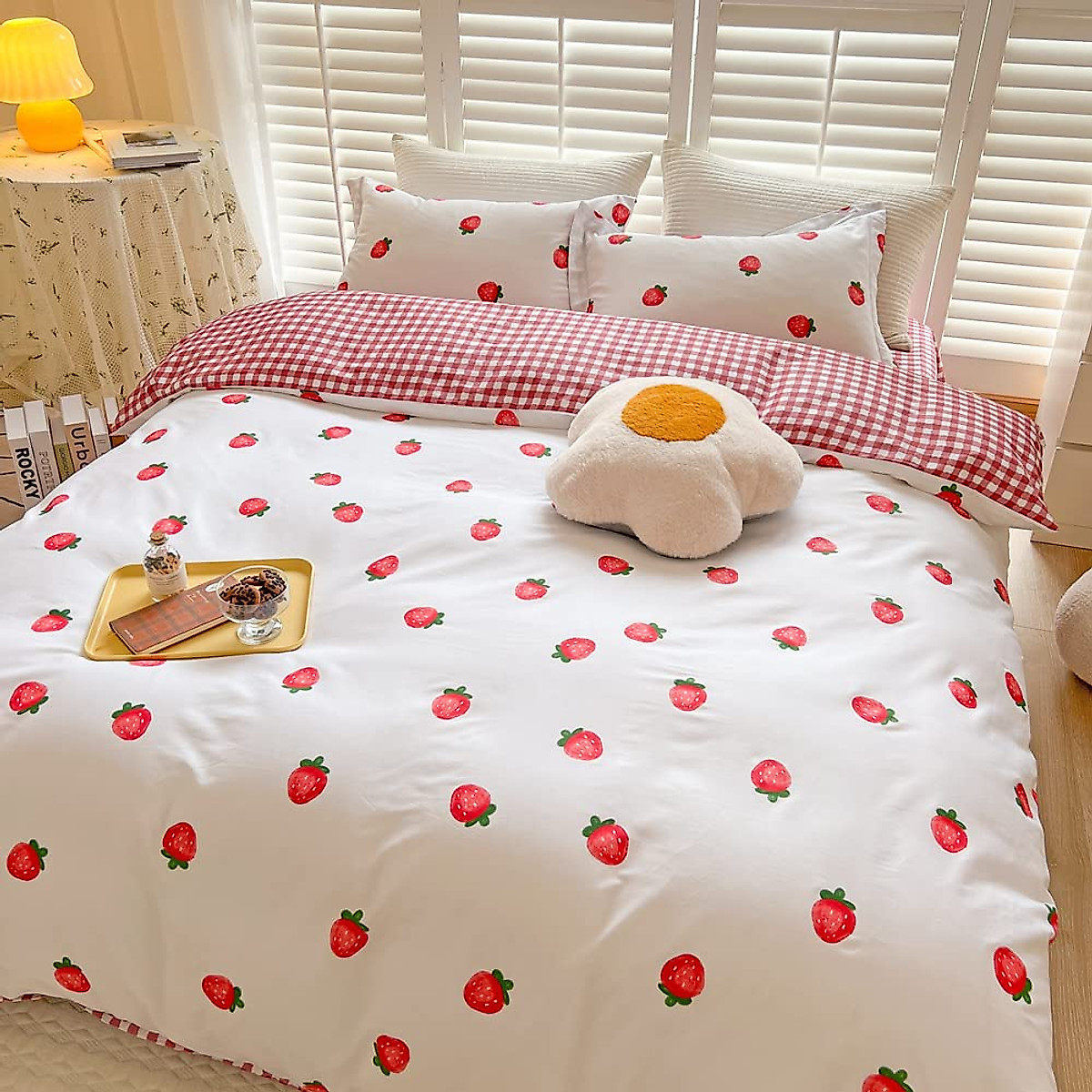 BlueBlue Strawberry Kids Duvet Cover Set Queen 100% Cotton Bedding for Boys Girls Teens Cartoon Red Strawberry Pattern 1 Fruit Full Comforter Cover 2 Pillow Shams (Queen)