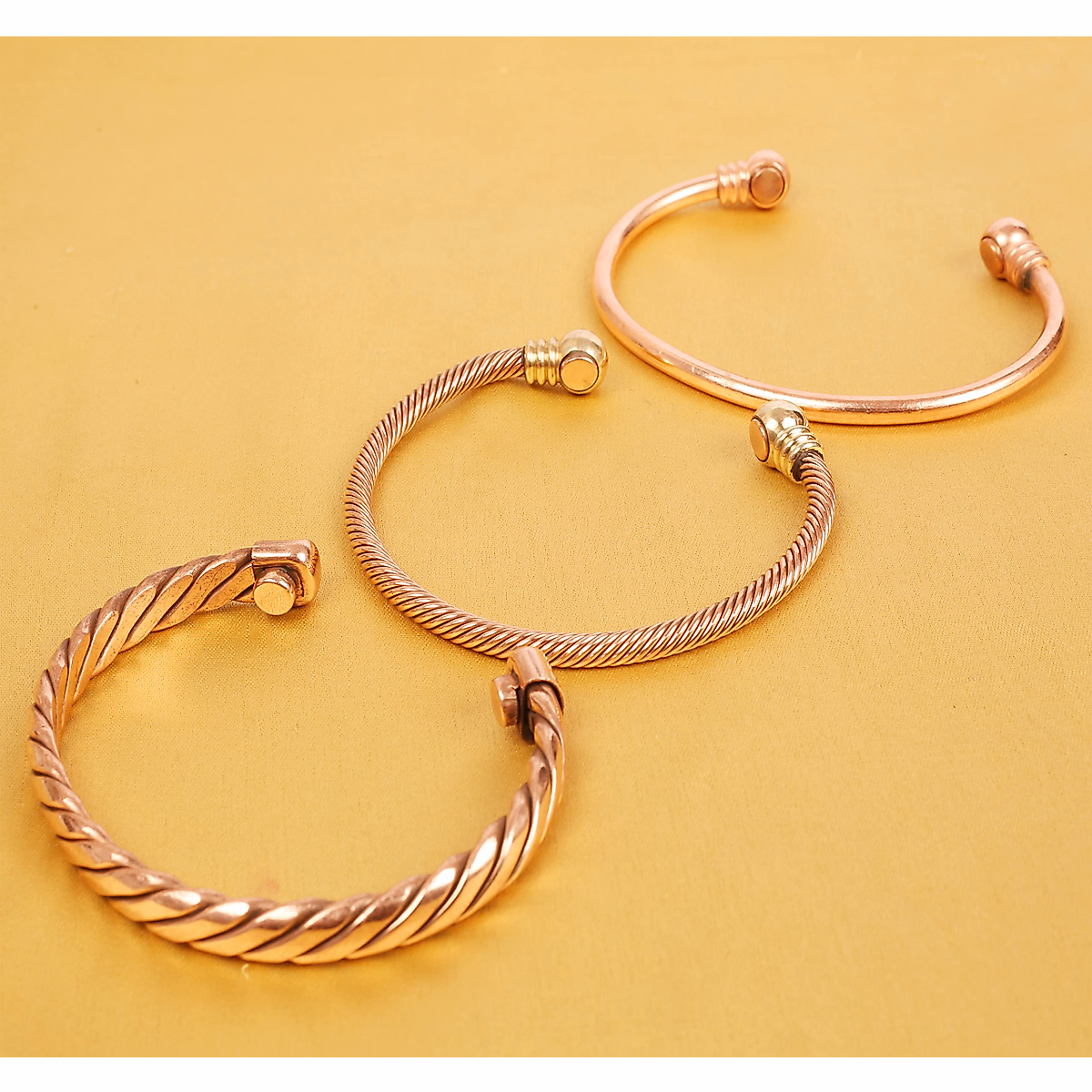 Touchstone copper magnetic bracelet tibetan style. hand forged with solid and high gauge pure copper. set of 3 different designs in twisted pipe braided wires style.