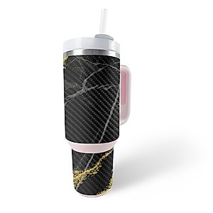MightySkins Carbon Fiber Skin Compatible with Stanley The Quencher H2.0 FlowState 40 Oz Tumbler - Black Marble Glitter | Protective, Durable Textured Carbon Fiber Finish | Easy to Apply