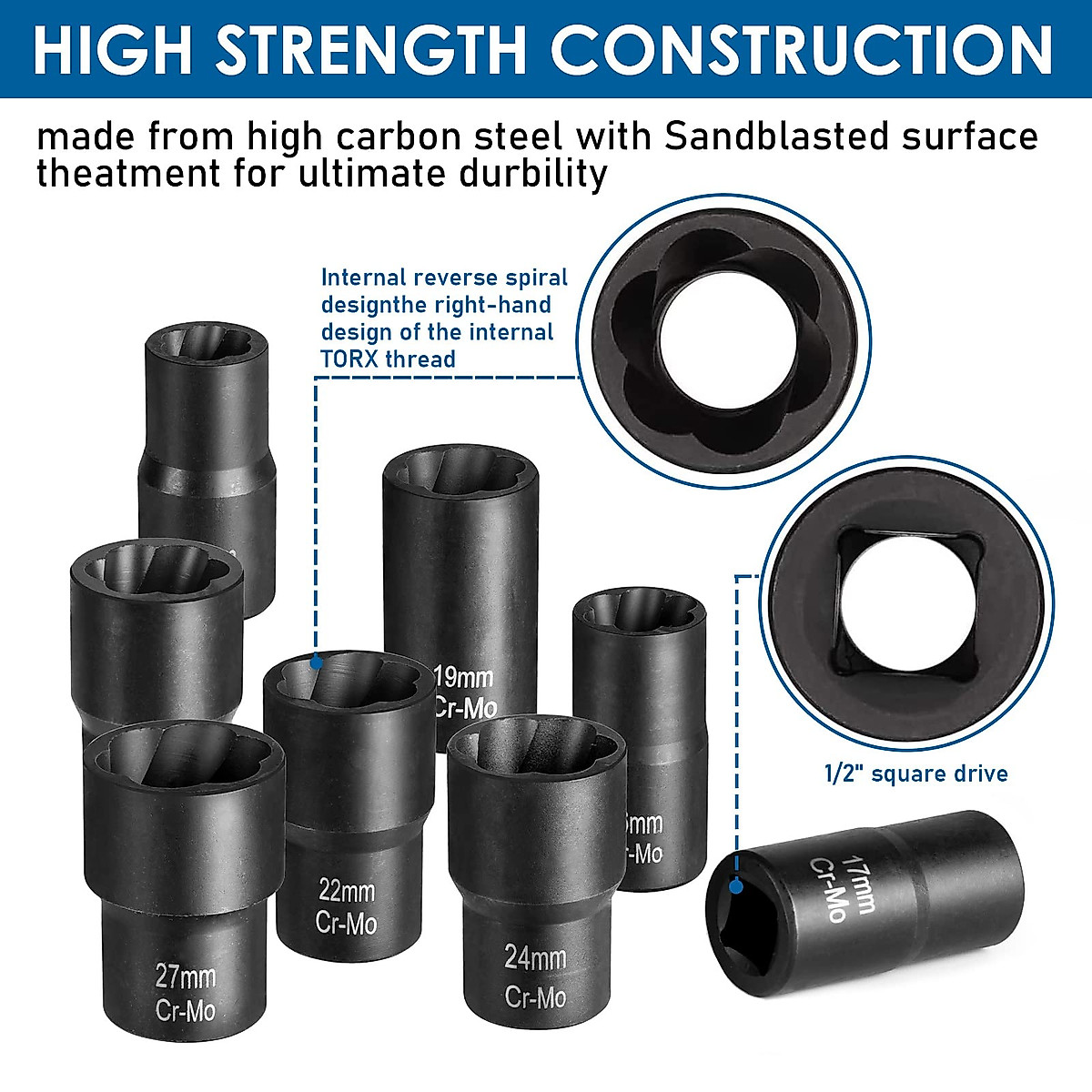 THINKPRO Lug Nut Removal Tool,10 PCS Lug Nut Socket Set, 1/2-Inch Drive Bolt Nut Extractor Kit, Easy Out Lug Nut remover for Damaged, Frozen, Studs, Rusted, Rounded-Off Bolts & Nuts Screws