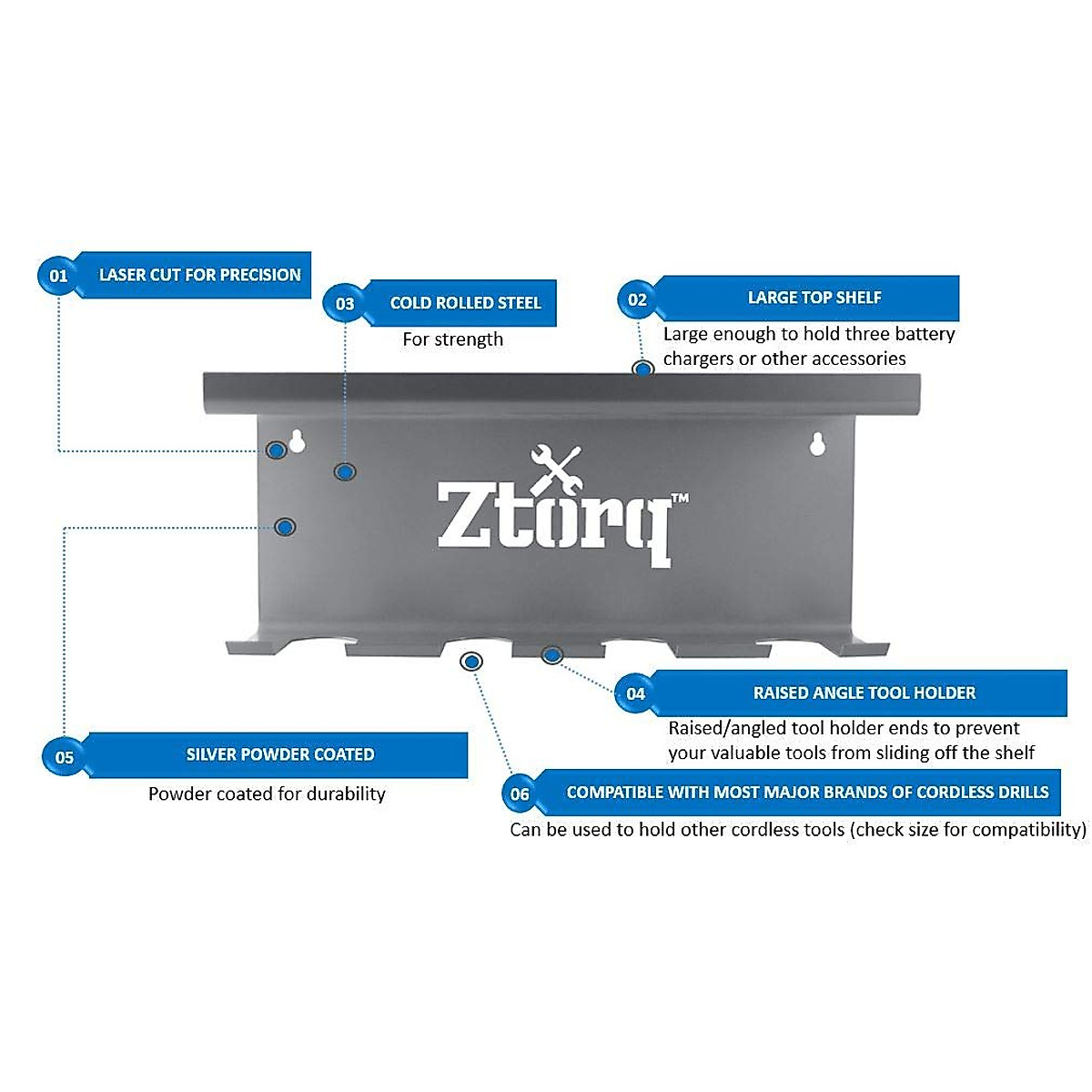Ztorq Cordless Drill Tool Organizer - Drill holder storage wall mount shelf rack and charging station to optimize garage organization and power tool storage