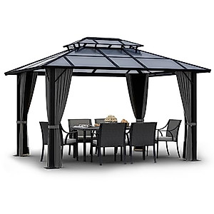 ZEPYARD Hardtop Gazebo 10x12 FT Polycarbonate Double Roof with Netting and Curtains