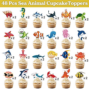 Plorbach 48 Pcs Ocean Animal Cupcake Toppers Under The Sea Creature Cake Decorations Marine Sea Fish Cake Topper Picks For Ocean Sea Theme Birthday Party Supplies Baby Shower Decorations