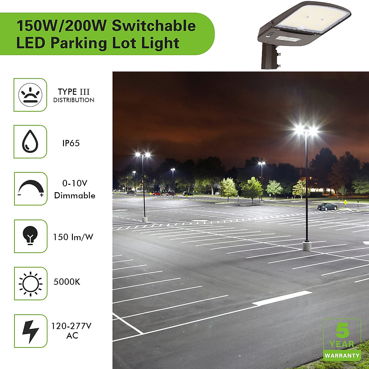 3 Pack LED 150W/200W Switchable Parking Lot Light, 150LM/W LED Street Lighting with Photocell [400W-600W HPS Equiv.] 5000K 100-277V, 5000K Commercial Adjustable Slip Fitter Mount LED Shoebox Light