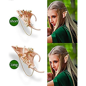 Hikkcos 3Pcs Elf Ears with Piercings Earrings Cosplay Fairy Pixie Ears Halloween Fairy Ears Soft Pointed Elf Ears Pearls Earring with Chains for Fairy Dress Up Accessories