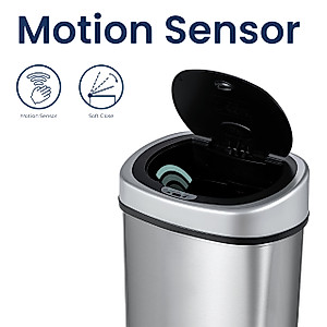 NINESTARS DZT-50-9 Automatic Touchless Infrared Motion Sensor Trash Can, 13 Gal 50L, Stainless Steel Base (Oval, Silver/Black Lid)